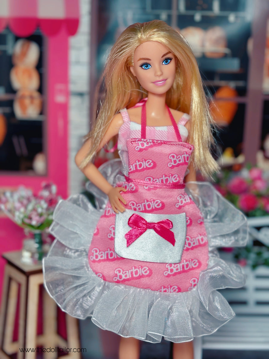 Pink apron for barbie doll white ruffles – The Doll Tailor